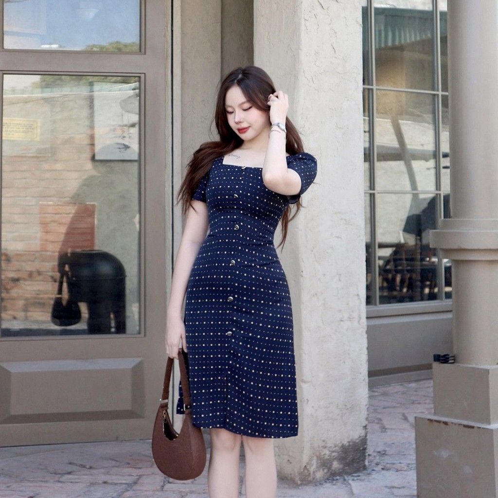 Đầm lụa thiết kế cổ vuông tay loe chấm bi xanh ngọt ngào Callene (CC260) | Shopee Việt Nam