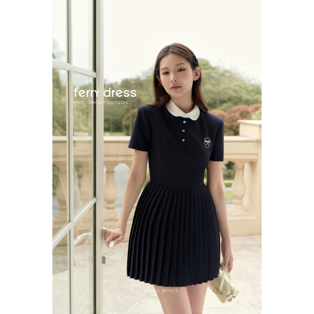 JOIE DES ROSES - Váy tuyết nhung xếp ly phối cổ trắng Ferry Dress ...