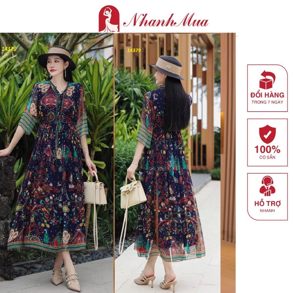 Đầm xòe xanh đen họa tiết dạng thổ cẩm-14379 | Shopee Việt Nam