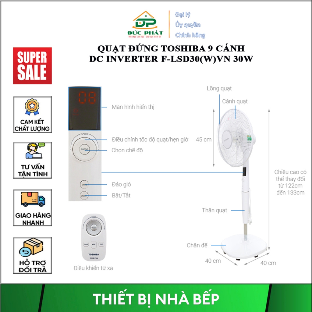 Quạt đứng Toshiba 9 cánh DC inverter F-LSD30(W)VN 30W đường kính quạt 40cm, 26 mức gió, 5 chế độ ...