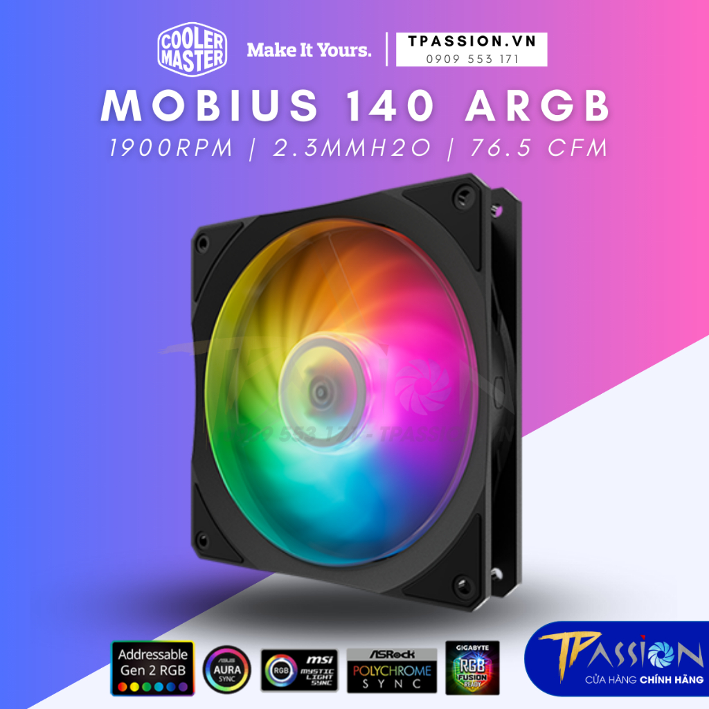Quạt Fan Case 14cm Cooler Master MOBIUS 140P ARGB - Chính hãng, tản nhiệt tốc 1900RPM, PWM, LED ...