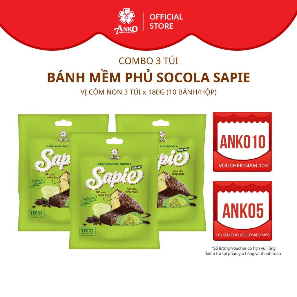 Bánh Socola Sapie Vị Cốm Non Anko Việt Nam, Combo 3 Túi 180g | Shopee ...