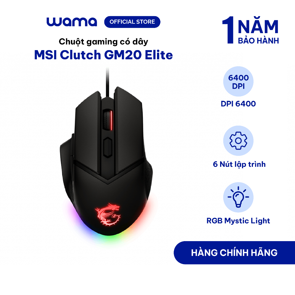 Chuột gaming có dây MSI Clutch GM20 Elite - Phím OMRON 20 triệu lần nhấp - DPI 6400 - Kết nối ...