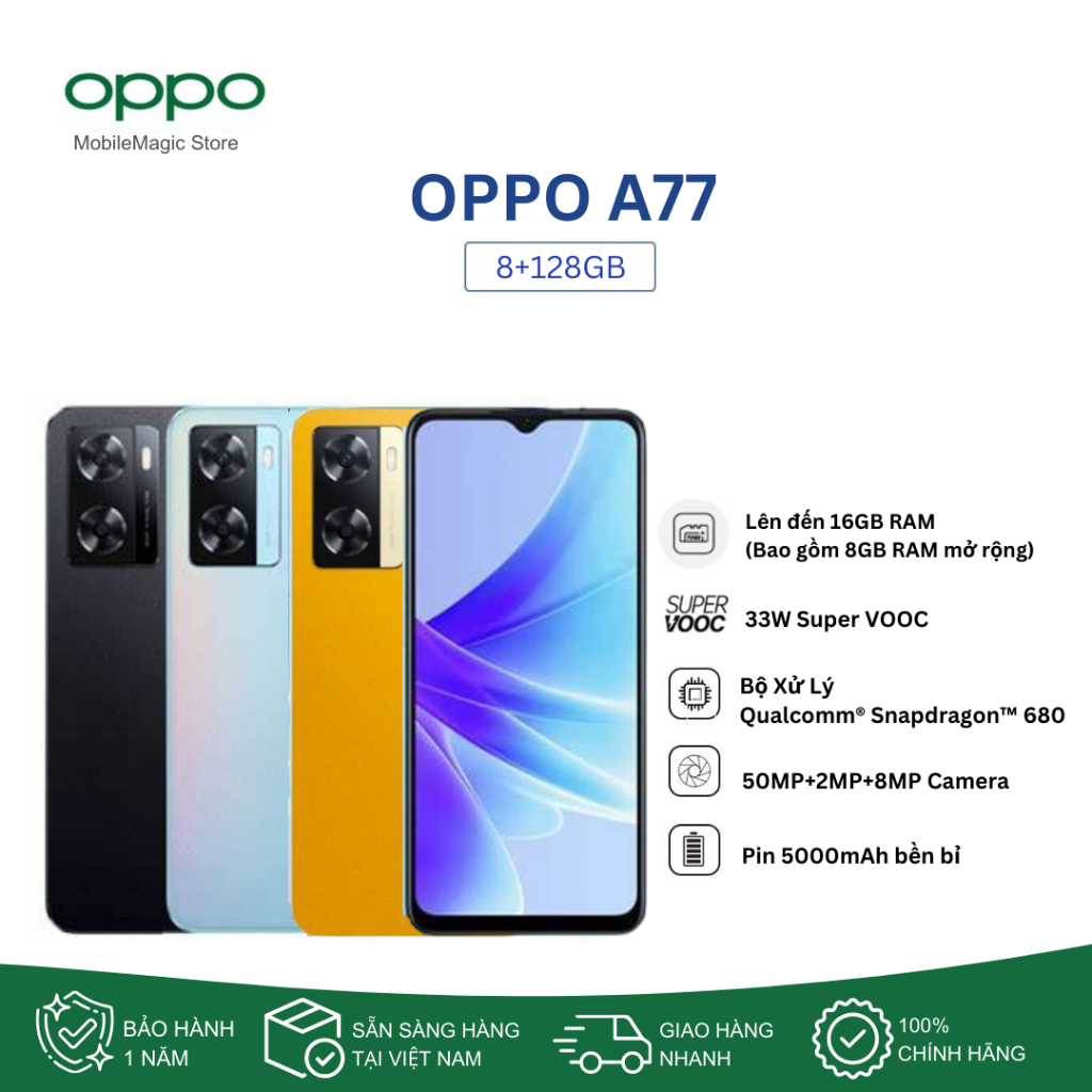0PP0 A77 Điện thoại thông minh (8GB RAM+128GB ROM/33W SUPERVOOC/50MP AI ...