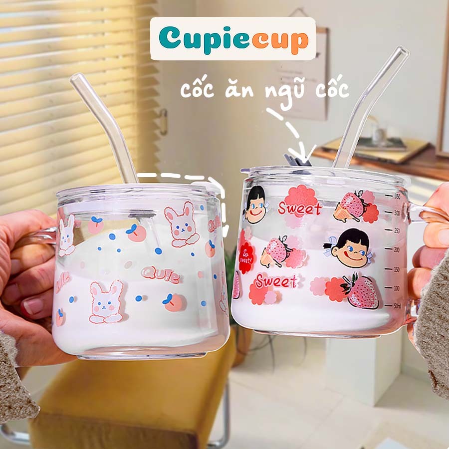 Cốc Thủy Tinh Có Quai, Ly Uống Nước In Hình Cute Kèm Vạch Chia ml Tiện ...