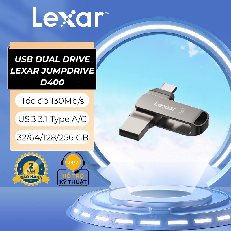 USB 3.1 32GB/ 64GB/ 128GB/ 256GB Lexar Dual Drive D400 Type-C/ Type-A, tốc độ 130Mb/s, tương ...
