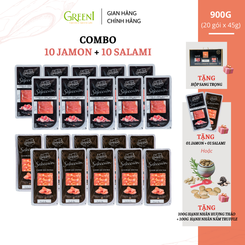 Combo 20 gói (10 gói Jamon Thịt Lợn Ủ Muối + 10 gói Salami Xúc Xích Cay ...