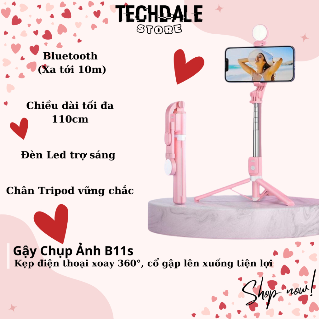 Gậy Chụp Ảnh 3 Chân B11S Thế Hệ Mới, Có Đèn Led Trợ Sáng, Nút Bluetooth Điều Khiển Từ Xa ...