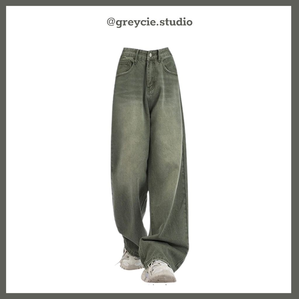 [Sẵn] GREYCIE Quần bò ông rộng nam nữ unisex quần bò ống suông xanh rêu ...