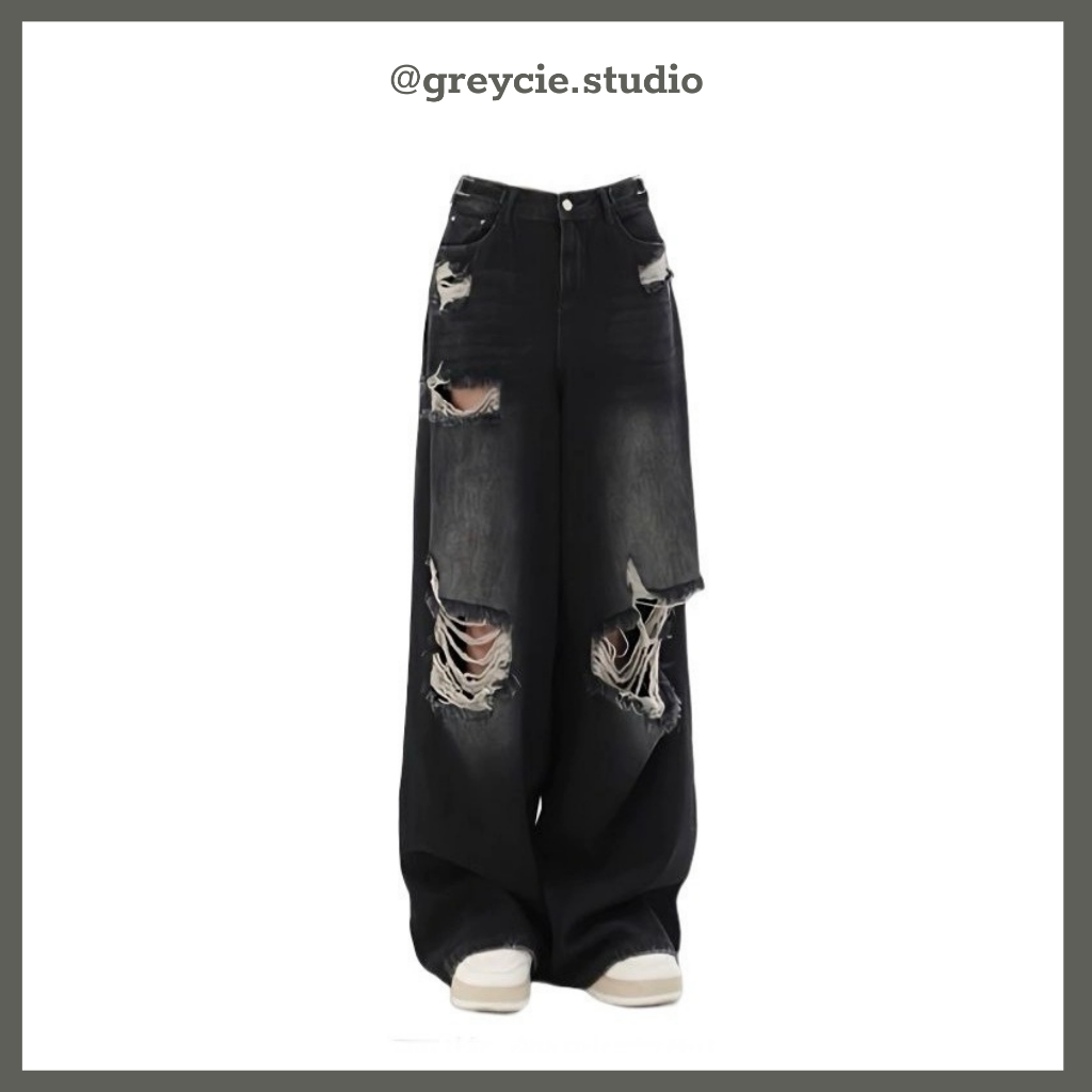 [Sẵn] GREYCIE Quần bò ống rộng cạp cao nam nữ unisex quần bò rách cá ...