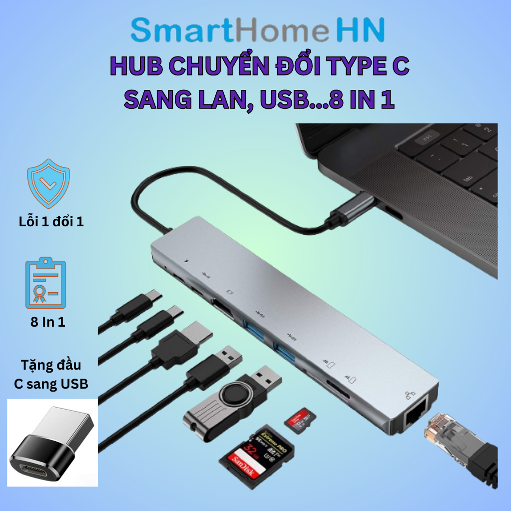 Cáp Chuyển Hub Type C 8in1 Cổng Chuyển Đổi HDMI,USB 3.0,SD,TF,RJ45,PD ...