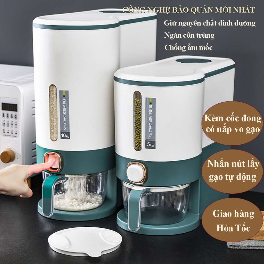 Thùng đựng gạo thông minh nhấn nút tự động 10Kg và 5 Kg ngăn côn trùng ...