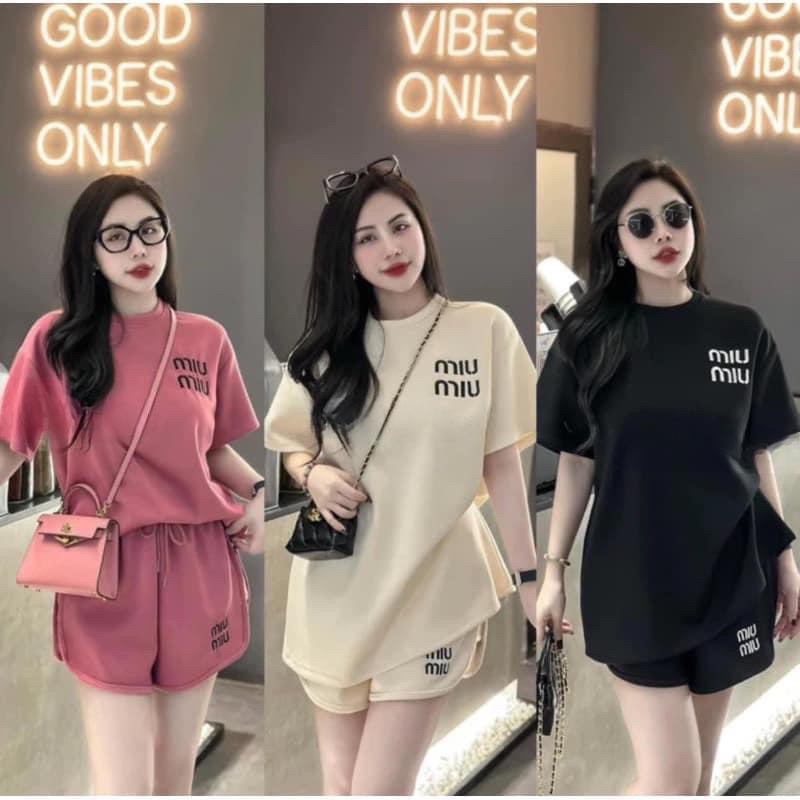 Set đồ bộ nữ Miumiu áo thun mix quần đùi xẻ vạt thể thao | Shopee Việt Nam