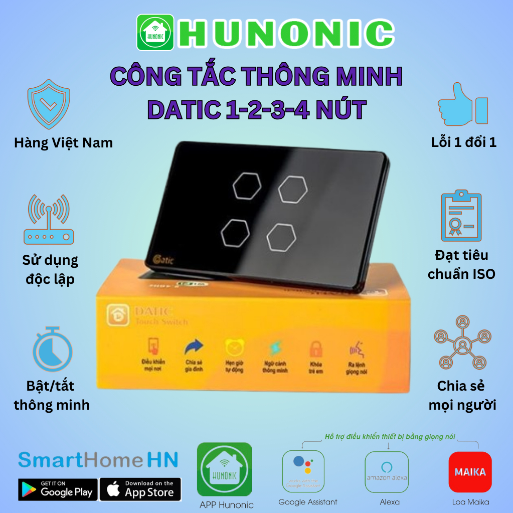 Công Tắc Thông Minh HUNONIC DATIC Wifi Hình Chữ Nhật Cảm Ứng 1-2-3-4 ...