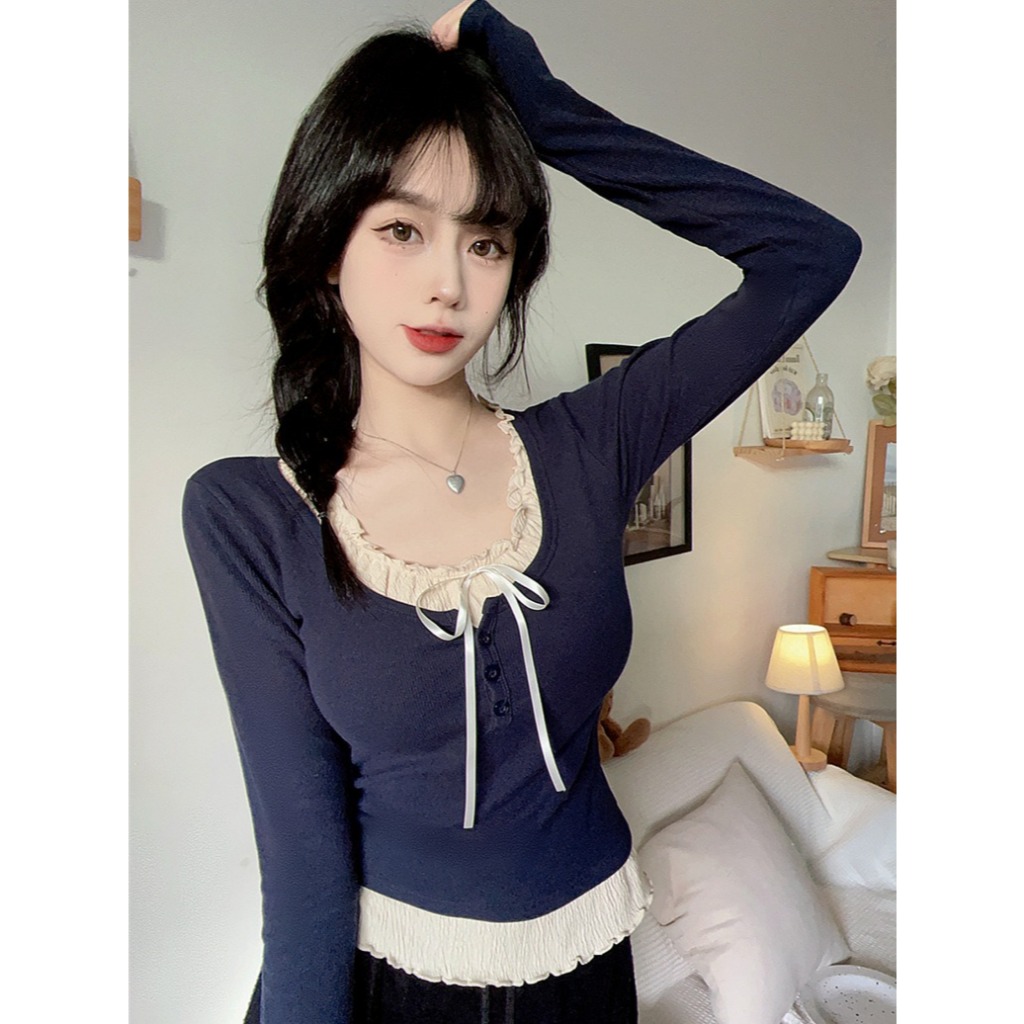 Áo kiểu nữ tay dài coquette cổ tròn thắt nơ giả 2 lớp chất thun tăm mềm ...