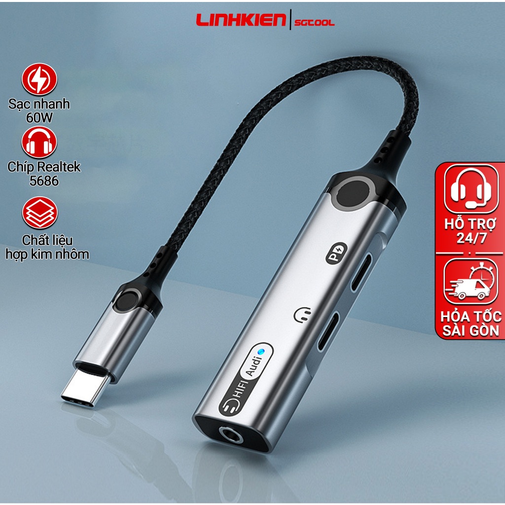 Jack chuyển đổi Type-C 3 in 1 hỗ trợ cắm tai nghe 3.5mm + Type-C có mic và sạc 60W cho điện ...