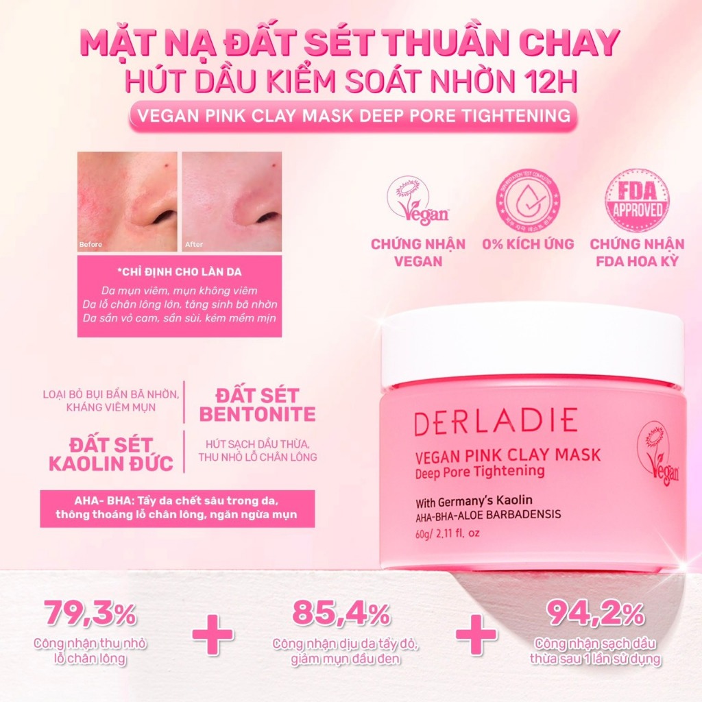 Mặt Nạ Đất Sét Hút Dầu Kiểm Soát Nhờn Derladie Pore Tightening Pink Tox ...