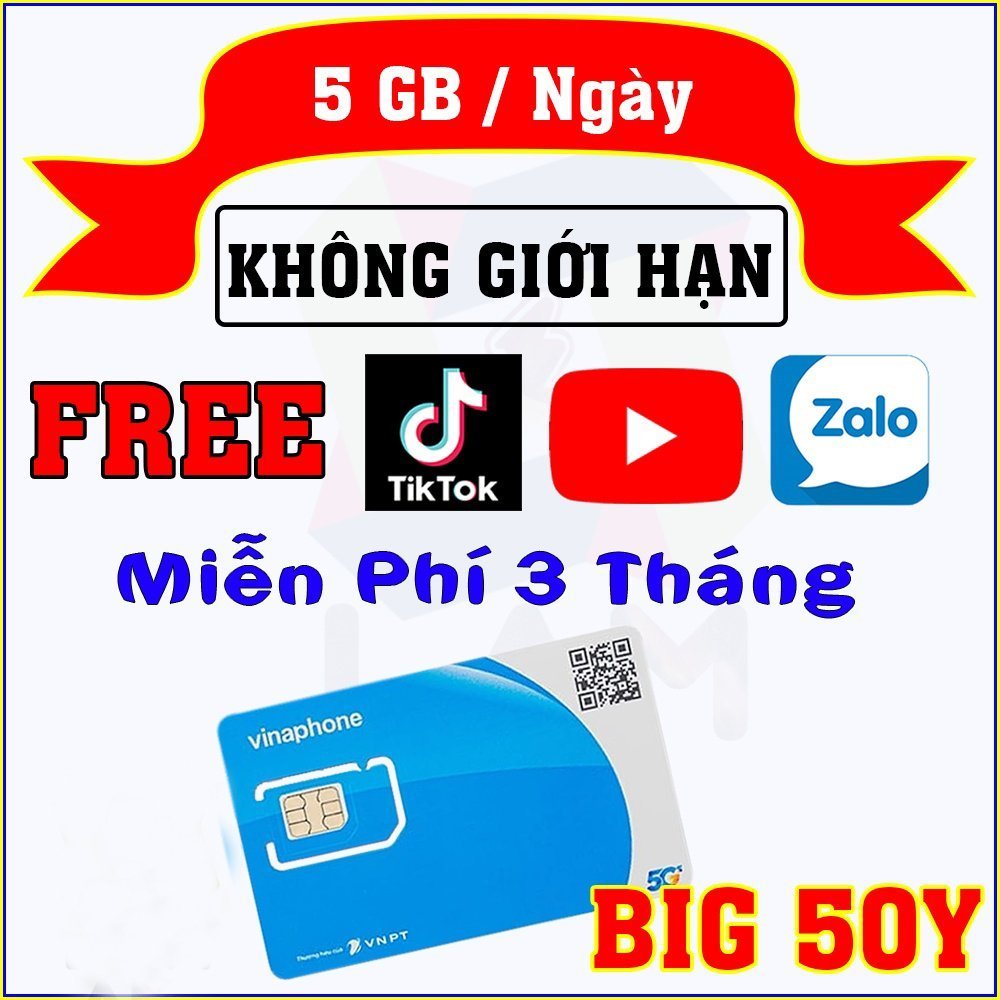 [Sim Mới] Sim 4g Data Vinaphone BIG50Y trọn gói 3 tháng 5G/ngày hết 3 tháng nạp 50k 1 tháng gia ...