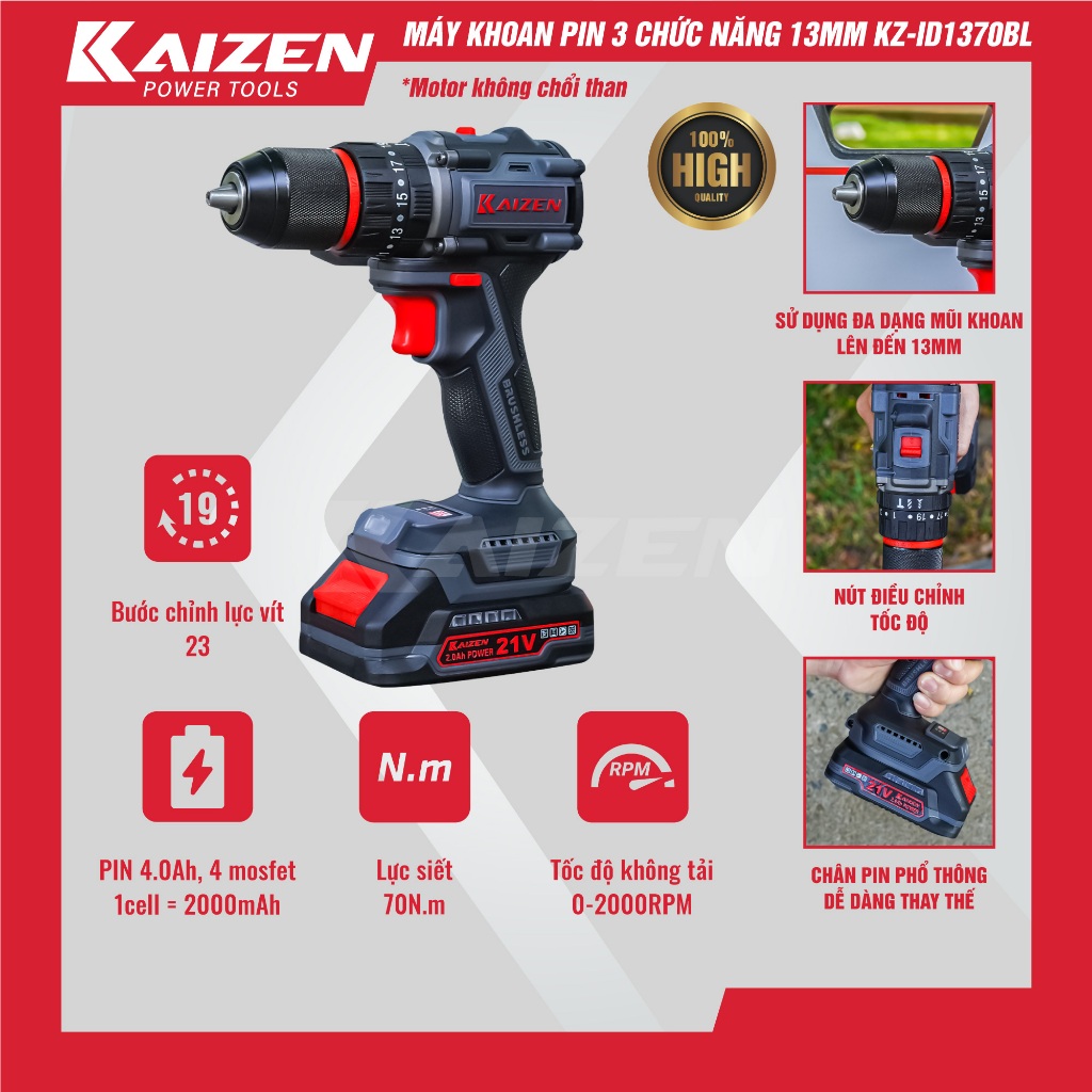 Máy khoan pin 3 chức năng 13mm Kaizen KZ-ID1370BL pin phổ thông | Máy khoan pin Kaizen | Shopee ...