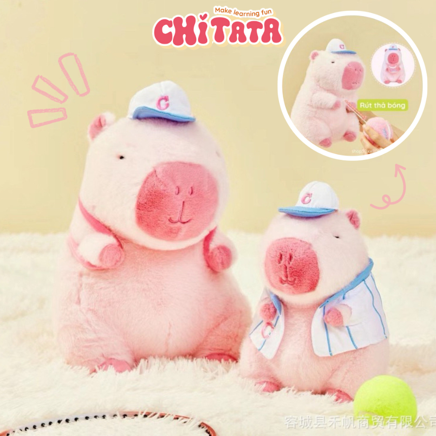 Capybara hồng rút bóng tennis đội mũ chuột lang nước gấu bông cute 25cm ...