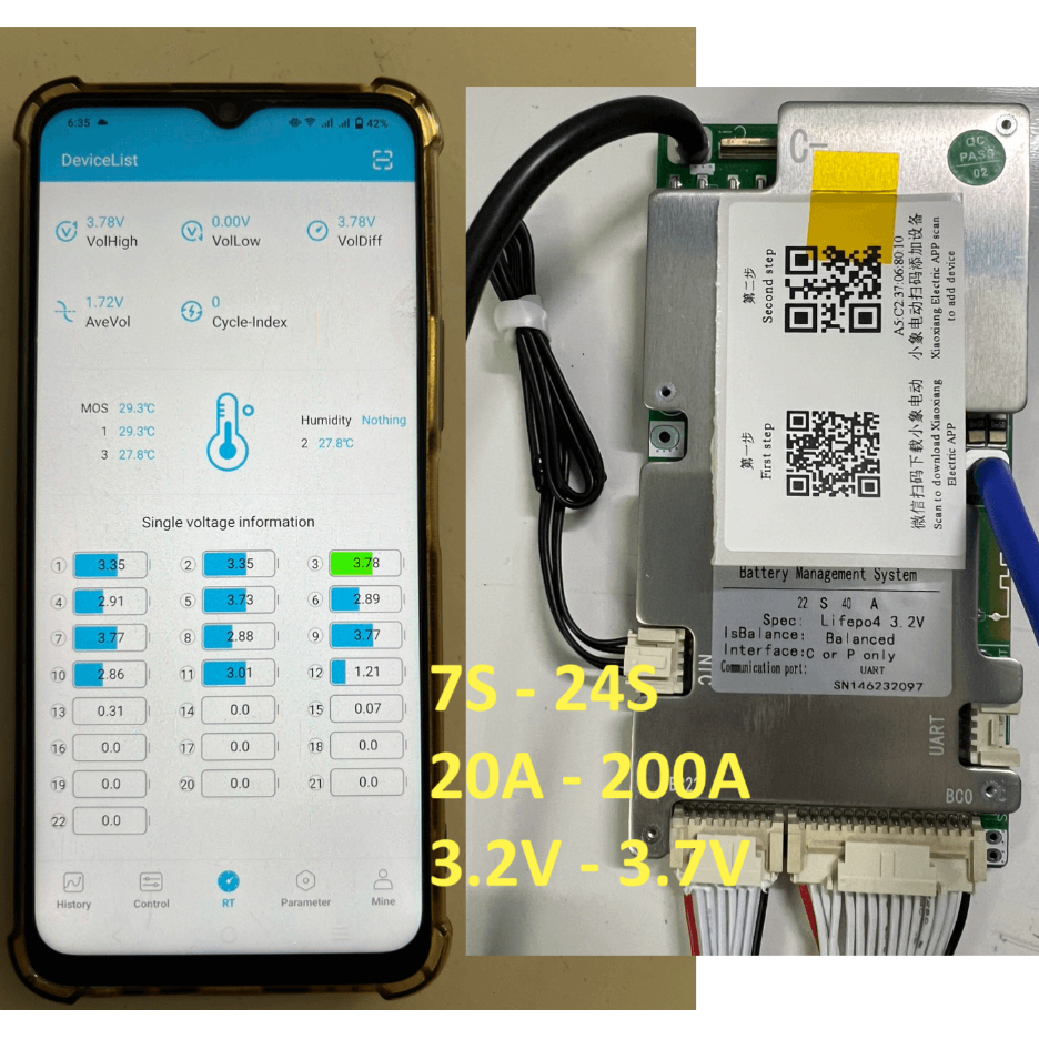 JBD, BMS, bluetooth, mạch sạc, bảo vệ, dùng được 3.2V, 3.7V. Xem và thiết lập bằng điện thoại 6 ...