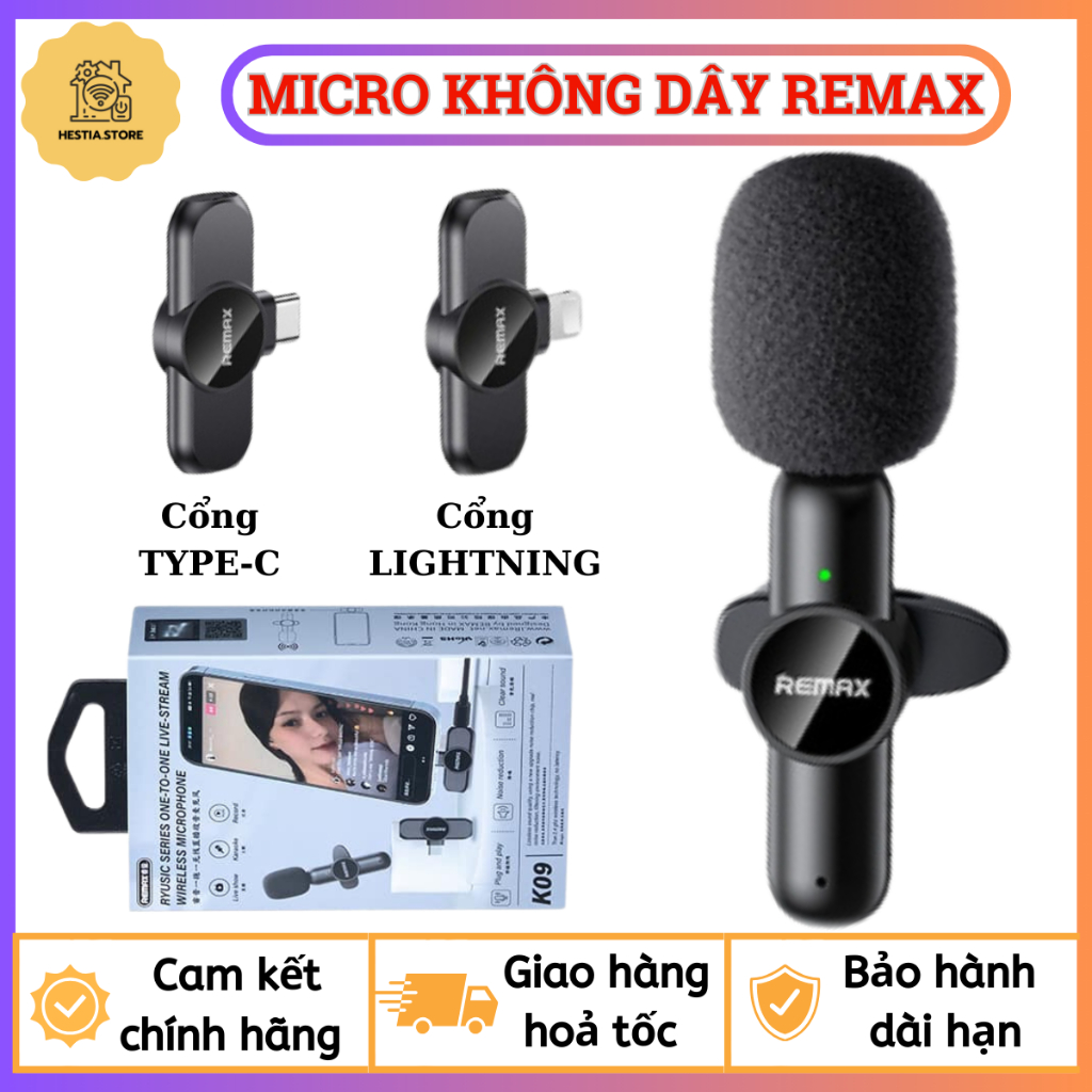 Mic thu âm cài áo không dây Remax K09 / K10 hỗ trợ Livestream cho thiết bị cổng Light,ning/ Type ...