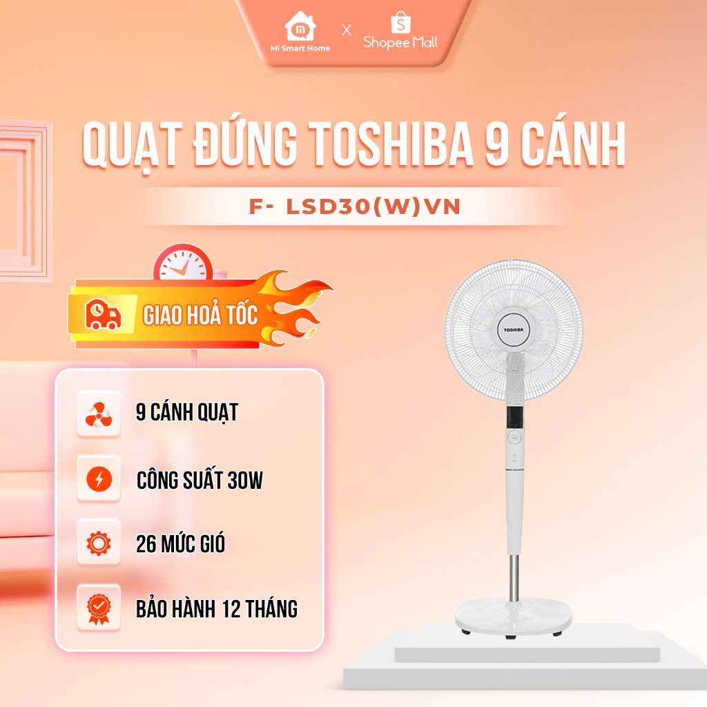 Quạt Đứng Toshiba 9 Cánh DC inverter F-LSD30(W)VN Công Suất 30W, 26 Mức Gió, Điều Khiển Từ Xa ...