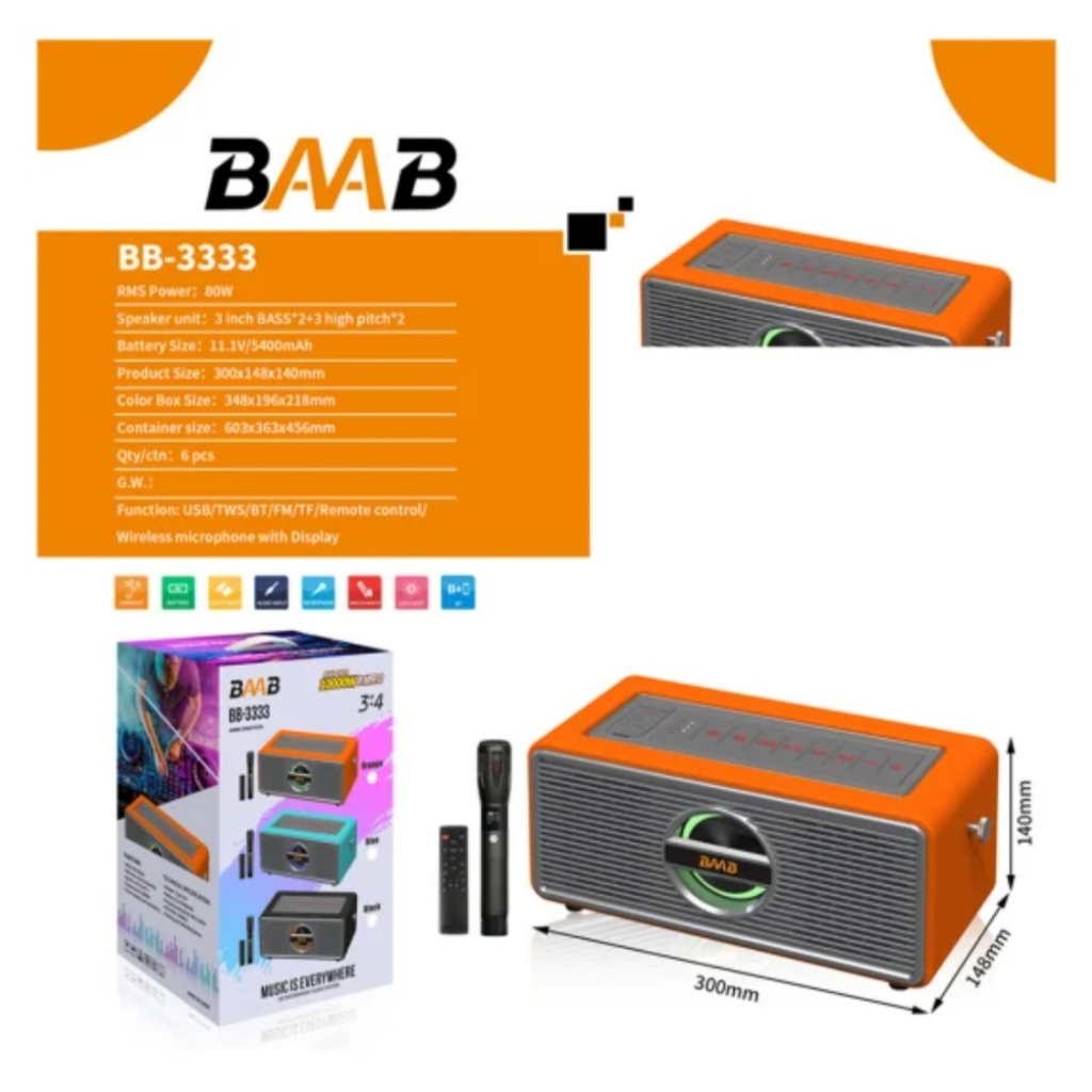 loa bluetooth không dây có đèn led công suất cao 80w BAAB-3333 ,MỘT MIC, MỘT khiển từ xa , 1 cap ...