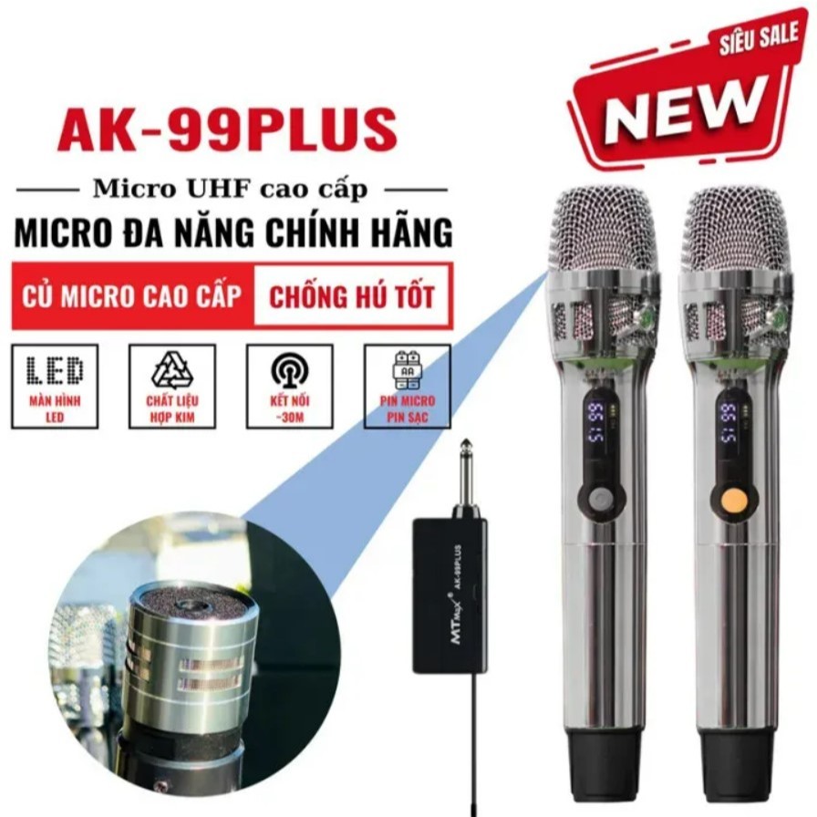 Micro Karaoke Không Dây Pin Sạc AK99 PLUS - Sóng UHF Chất Liệu Kim Loại, Chống Hú Tối Ưu, Dùng ...