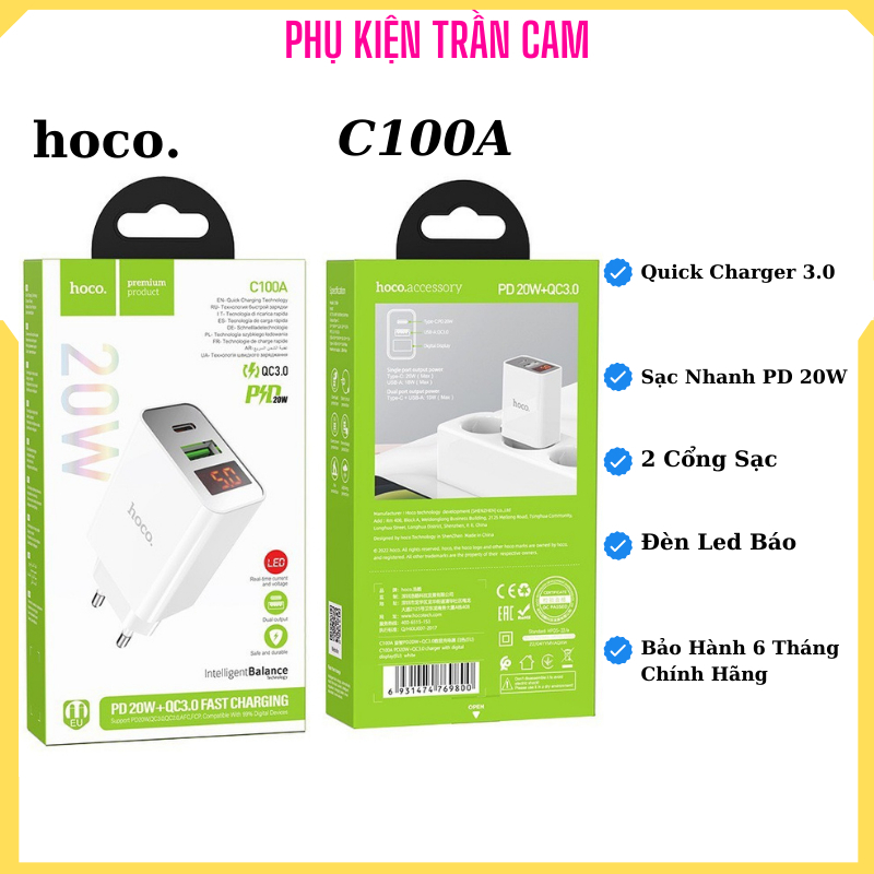 Cốc sạc nhanh 20W PD QC 3.0 củ Hoco C100A 2 cổng usb và type c có led báo dòng cho tất cả điện ...