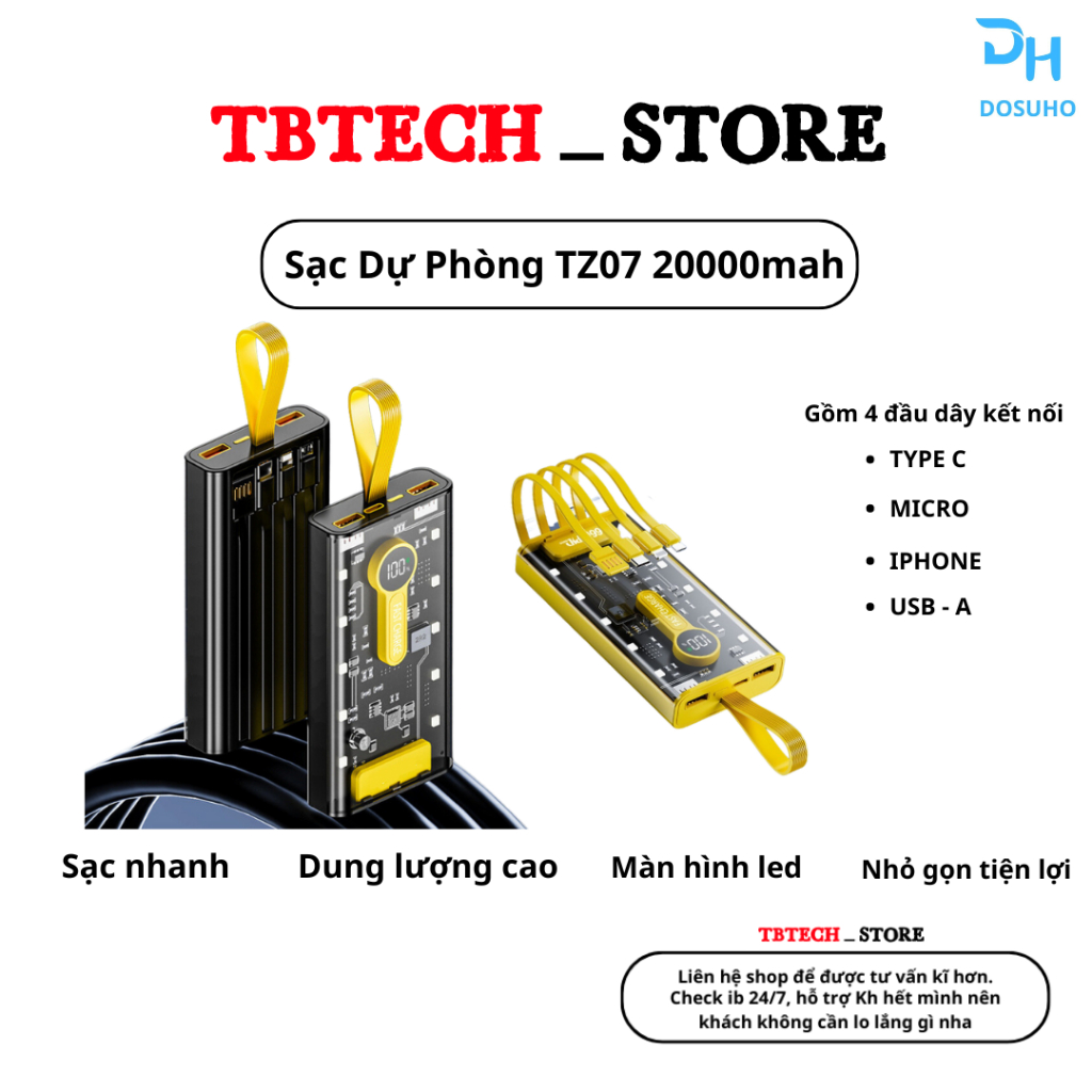 Sạc Dự Phòng Trong Suốt 20000mAh TZ07 Với 2 Cổng Sạc Nhanh 22.5w và PD ...