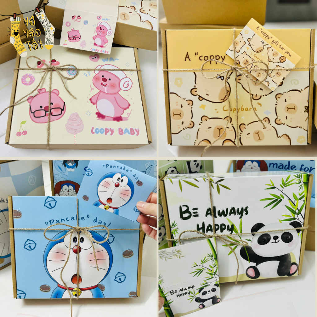 HỘP QUÀ KÈM THIỆP HÌNH DORAEMON, CAPYBARA, LOOPY, GẤU TRÚC PANDA SIÊU ...
