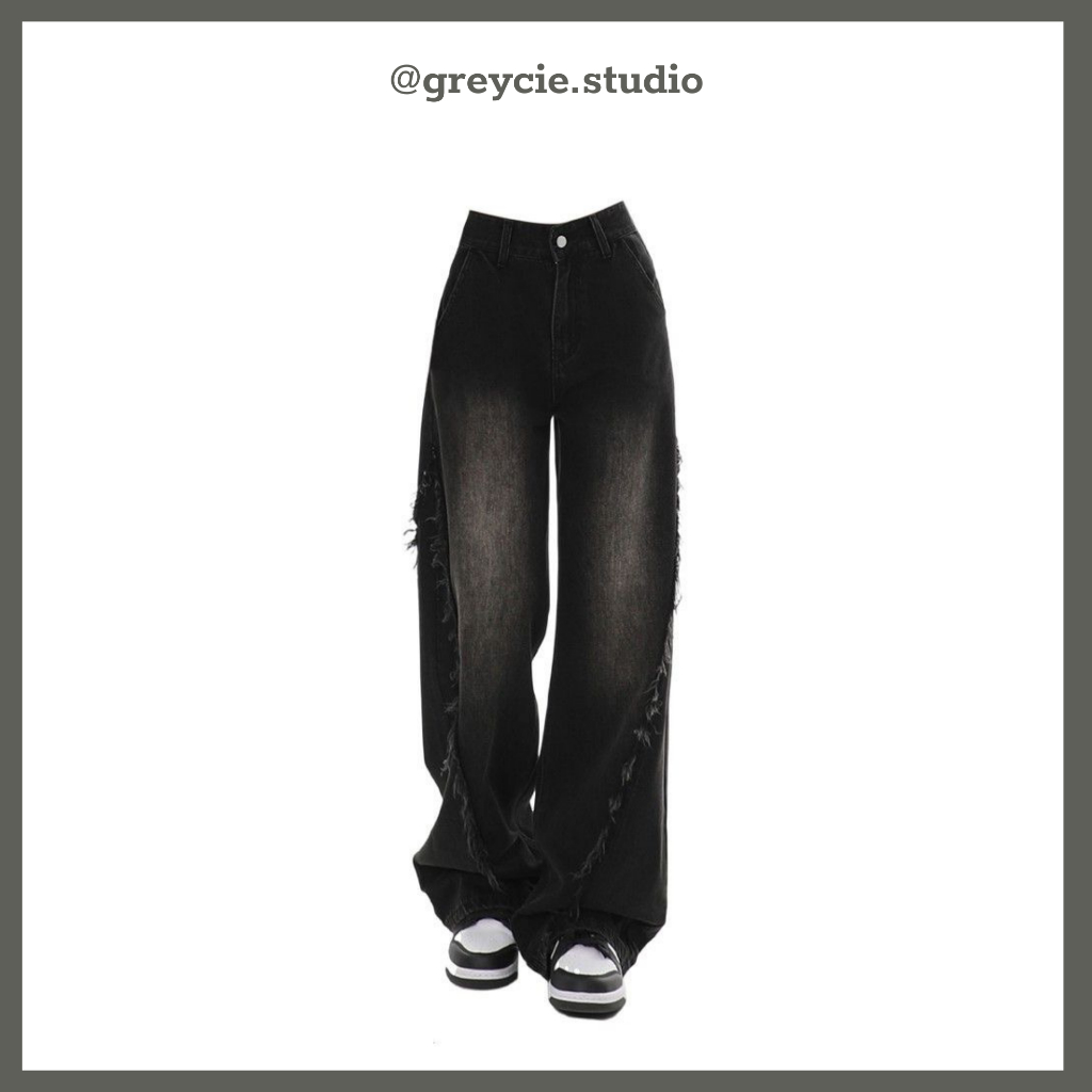 [Sẵn] GREYCIE Quần bò ống rộng nữ quần ống rộng cạp cao xước chéo màu ...