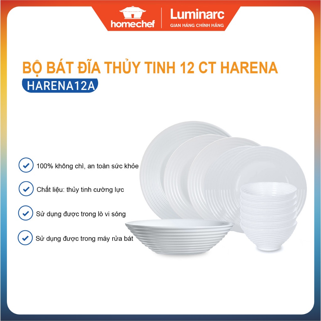 Bộ bát đĩa (tô, chén, dĩa) thủy tinh Luminarc Harena 12 món - HARENA 12A dùng lò vi sóng, máy ...