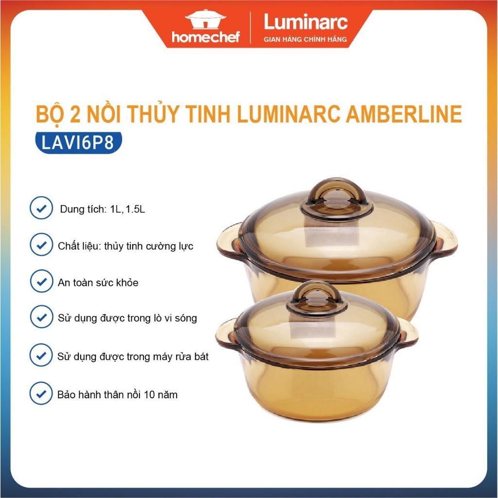 Bộ 2 nồi thủy tinh Luminarc Amberline 1L+1.5L- LAVI6P8, dùng bếp ga ...