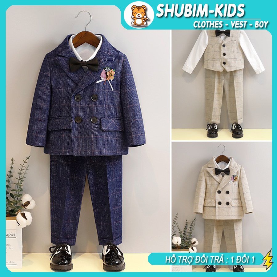 [Shubim Kids] -VT02-Bộ Vest Bé Trai - Vest Dạ Kẻ 4 Cúc Xanh Than - Be ...