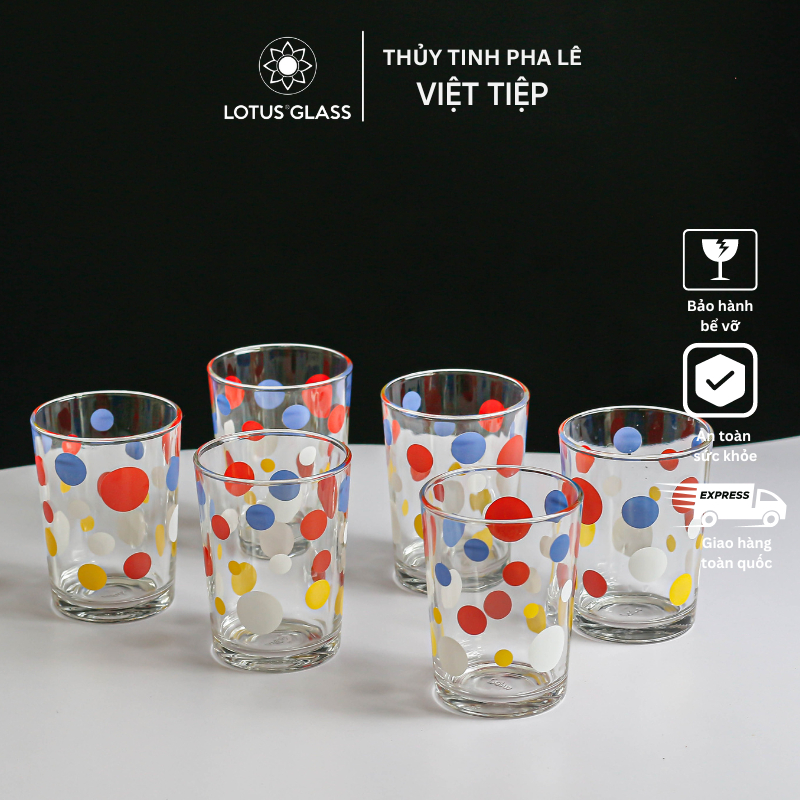 Bộ 6 cốc thủy tinh chấm bi Việt Tiệp uống trà đá, cà phê - Set 6 cốc thủy tinh chấm bi dày dặn ...