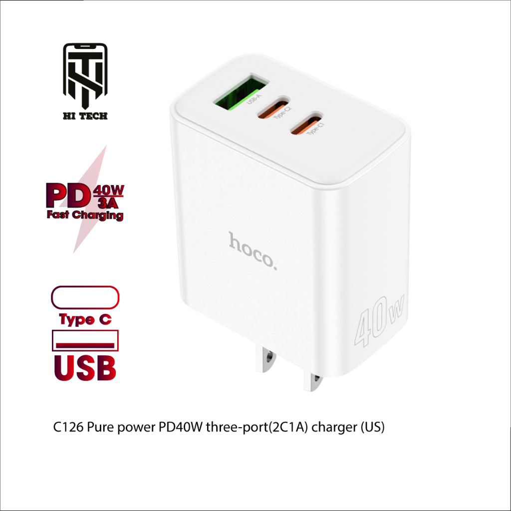 Củ sạc nhanh Hoco C126 PD40W/QC3.0 2 cổng Type-C và 1 cổng USB, chất ...