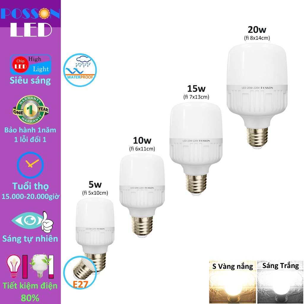 Bóng đèn Led trụ 20w 15w 10w 5w siêu sáng tiết kiệm điện thân kín chống nước mưa đui E27 220v LC ...