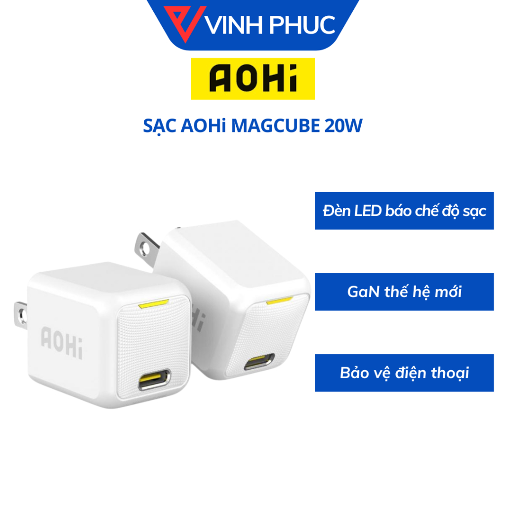 Củ Sạc Nhanh AOHi MAGCUBE PD 20W - AOC C002 - Hỗ Trợ PD 3.0 / QC 3.0 - Có Đèn Báo Theo Giai Đoạn ...