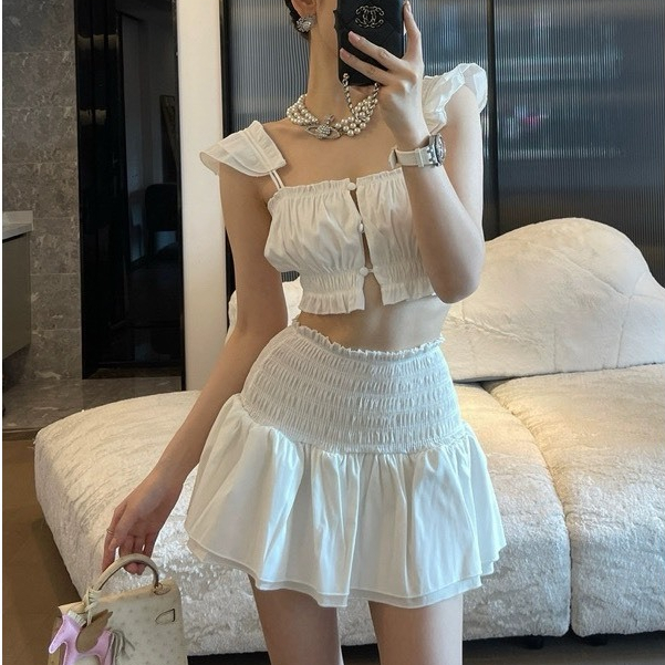 Set áo crotop chân váy trắng trắng xòe 2 tầng, set áo kiểu cánh tiên ...
