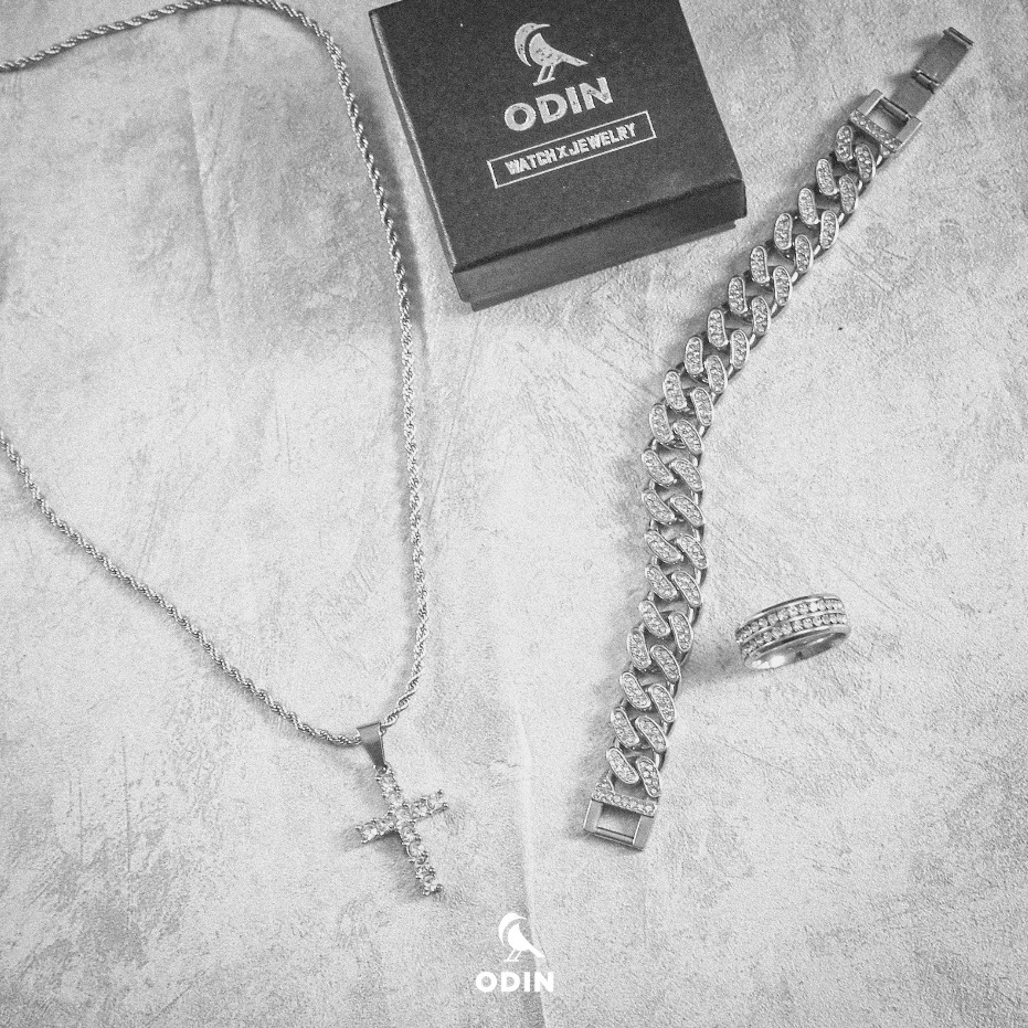 Combo ICE-OUT ODIN - Vòng tay Cuban x Dây chuyền thánh giá Cross - Thép Titan đính đá CZ ...