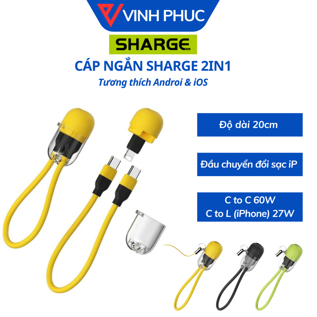 Cáp ngắn sạc nhanh 2in1, Sharge 20cm tuỳ chỉnh đầu cáp chuyên dụng dùng ...