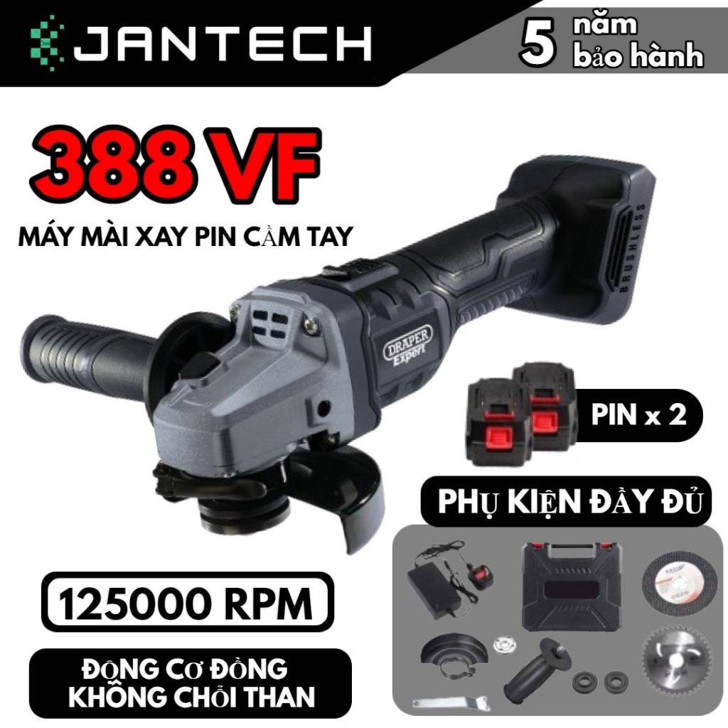 Máy mài pin Jantech 388VF, không dùng than - Máy cắt pin cầm tay hoa vân gỗ cao cấp và pin Li ...