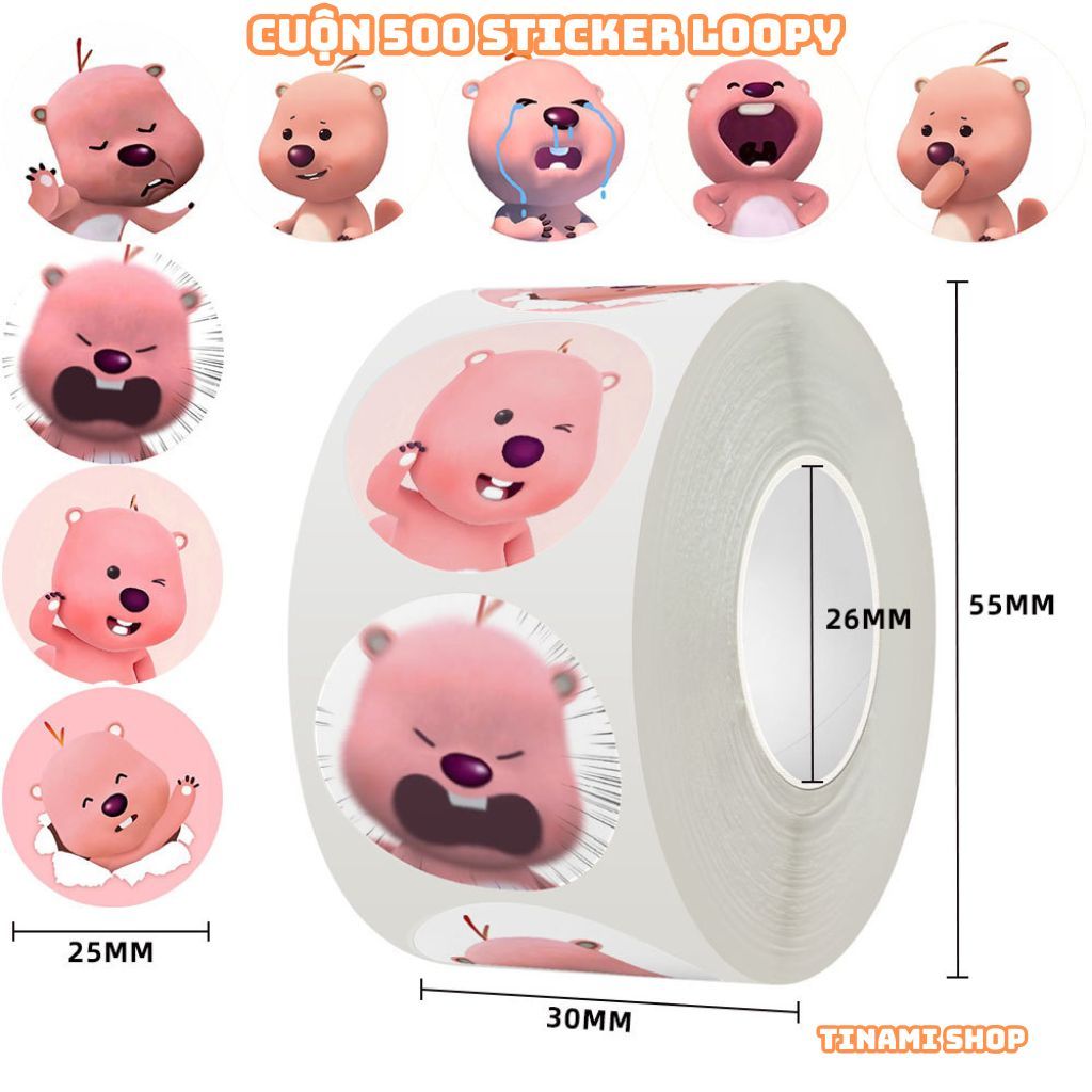 Cuộn 500 sticker loopy hình nhân vật hải ly dễ thương tem niêm phong ...
