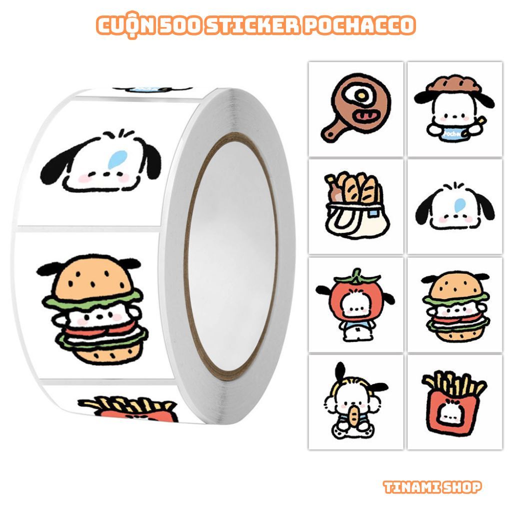 Cuộn 500 sticker chó Pochacco biểu cảm đồ ăn dễ thương tem dán thank ...