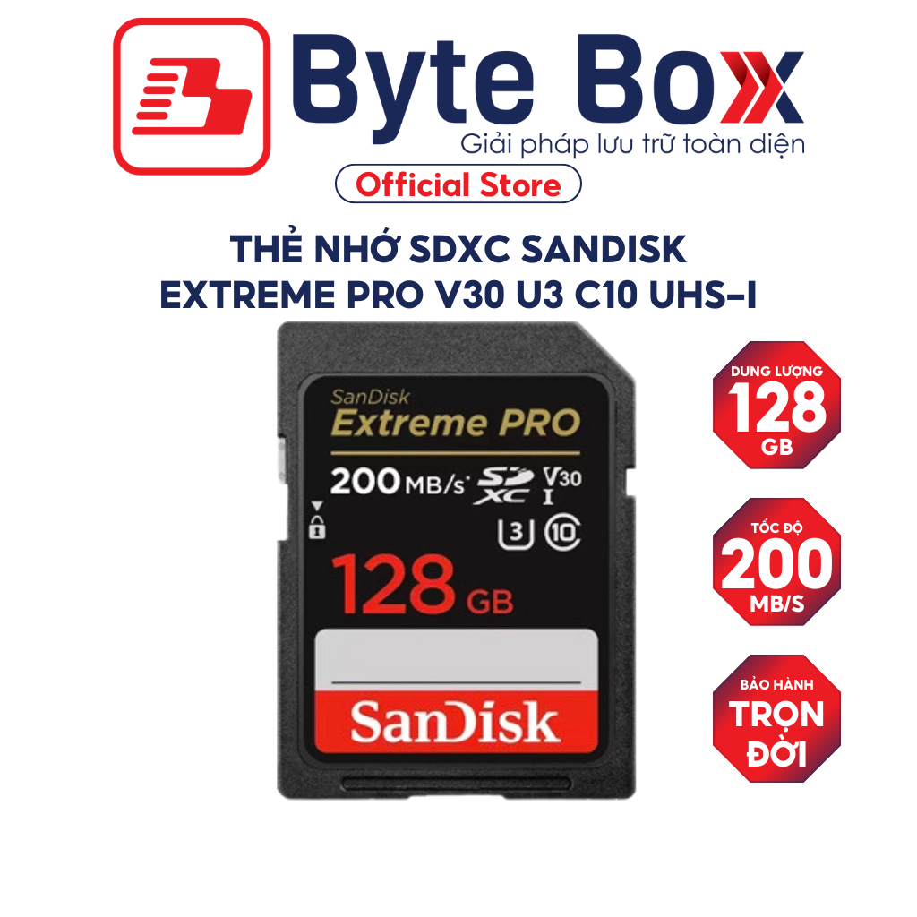 Thẻ nhớ SDHC SDXC Sandisk Extreme Pro 32GB/64GB/128GB V30 U3 C10 UHS-I upto 200MB/s Bảo hành ...