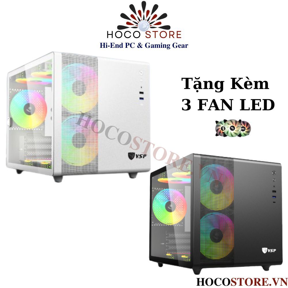 Vỏ Case Máy Tính VSP Gaming V300 - Mini - mATX + 3 Fan Led mặt trước lưới, hông kính cường lực ...