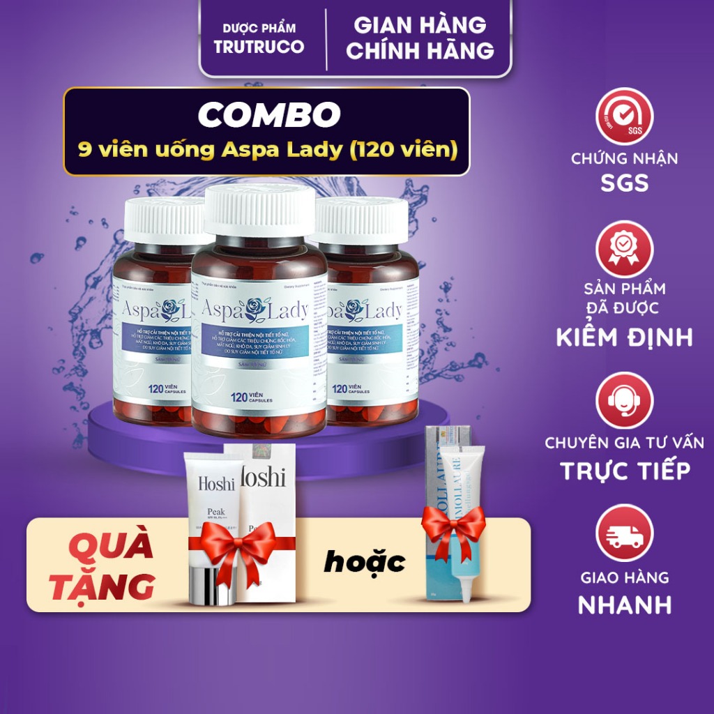 Combo 9 hộp Aspa Lady loại 120 viên - Tặng 2 tinh chất Dimollaure hoặc ...