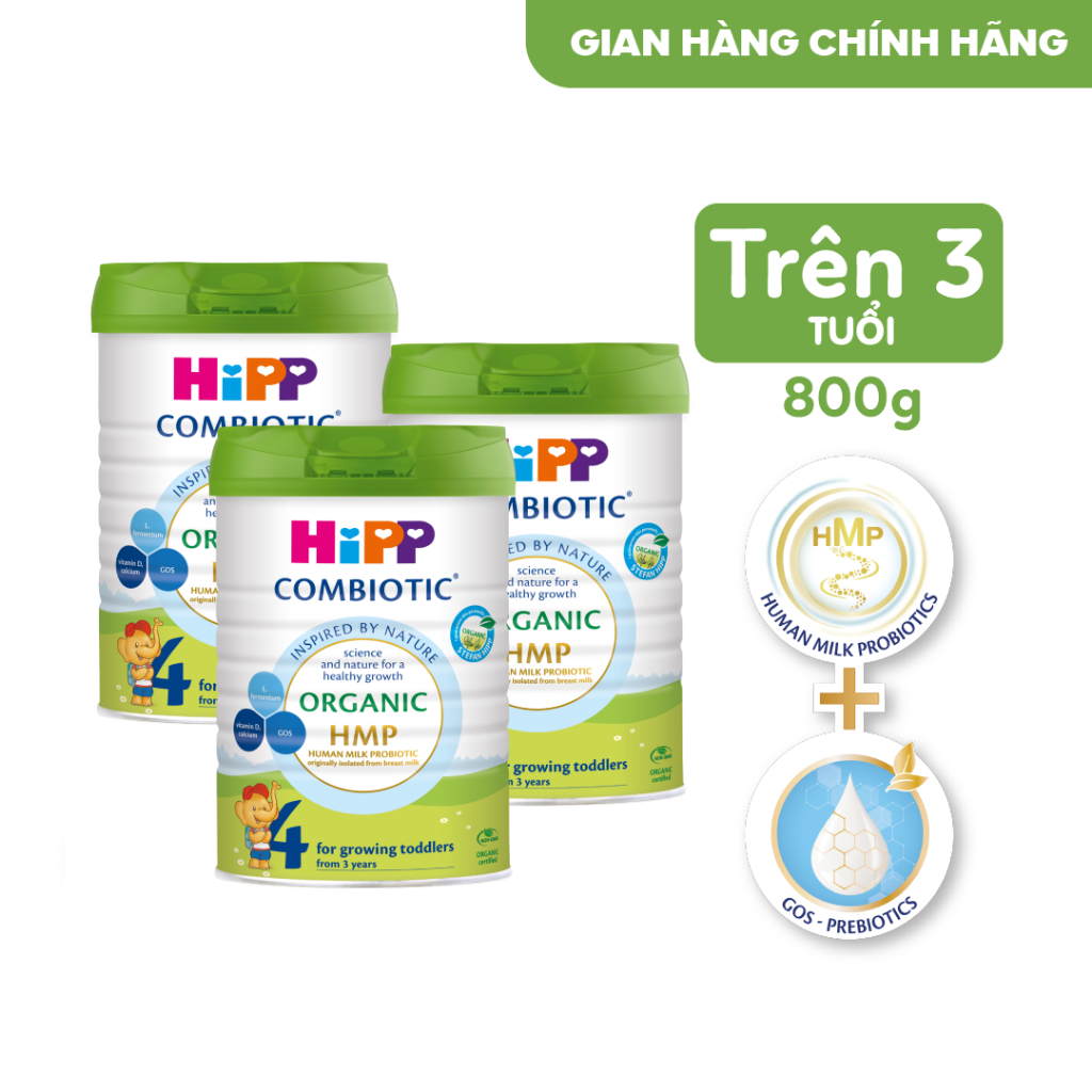 Combo 3 lon Sữa bột công thức HiPP 4 Organic Combiotic 800g (Dành cho trẻ từ 3 tuổi) (2 lon x ...